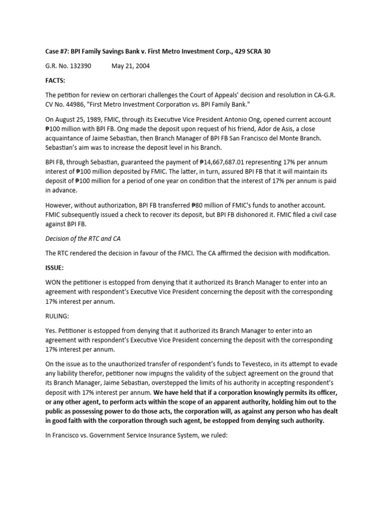 BPI Family Bank vs. FMIC Case Summary | PDF | Estoppel | Legal Liability