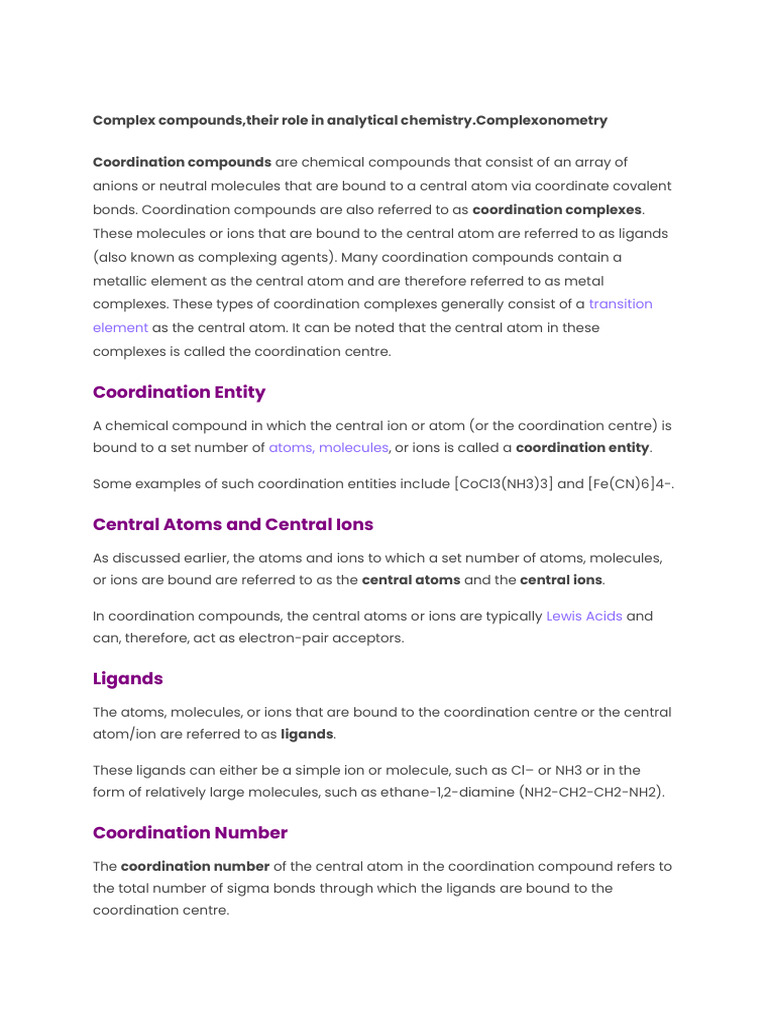 Coordination Entity: Coordination Compounds Are Chemical Compounds That Consist of An Array of ...