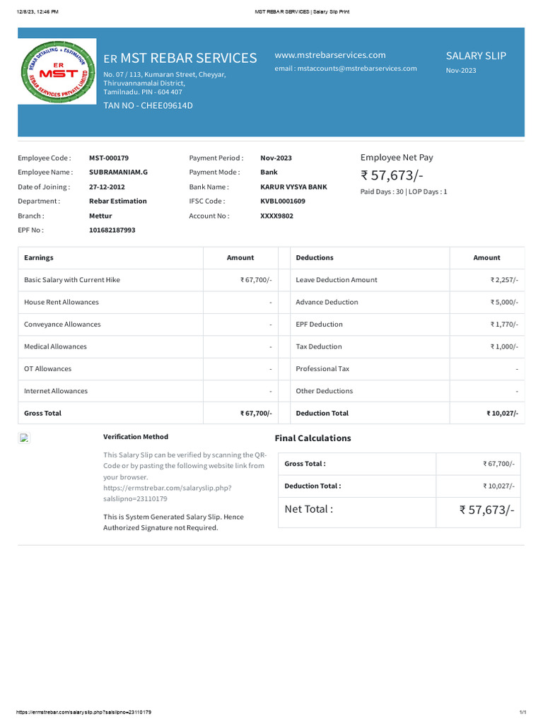 NOV-23 MST REBAR SERVICES - Salary Slip Print | PDF | Salary | Public Finance
