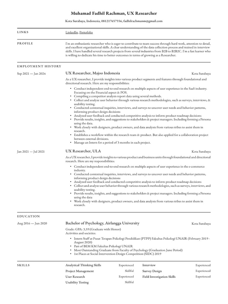 Resume Muhammad Fadhil Rachman - UX Researcher | PDF | Usability | Human Communication