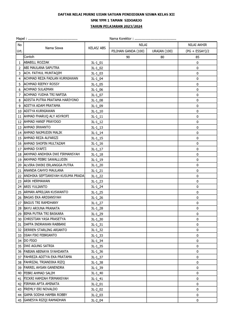 Format Nilai Ujian Satuan Pendidikan Tahun 2024 | PDF