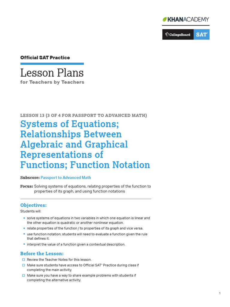 official-sat-practice-lesson-plan-math-systems-equations-representations | PDF | Equations | Algebra