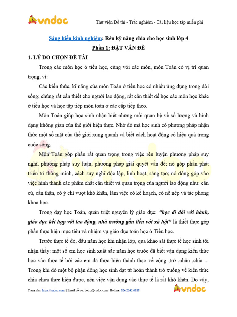 SKKN Ren Ky Nang Chia Cho Hoc Sinh Lop 4 | PDF