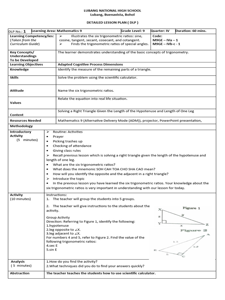 Trigonometry Lesson Plan for Grade 9 | PDF | Trigonometric Functions ...