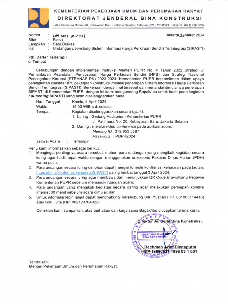 Undangan Launching SIPASTI Kementerian PUPR | PDF