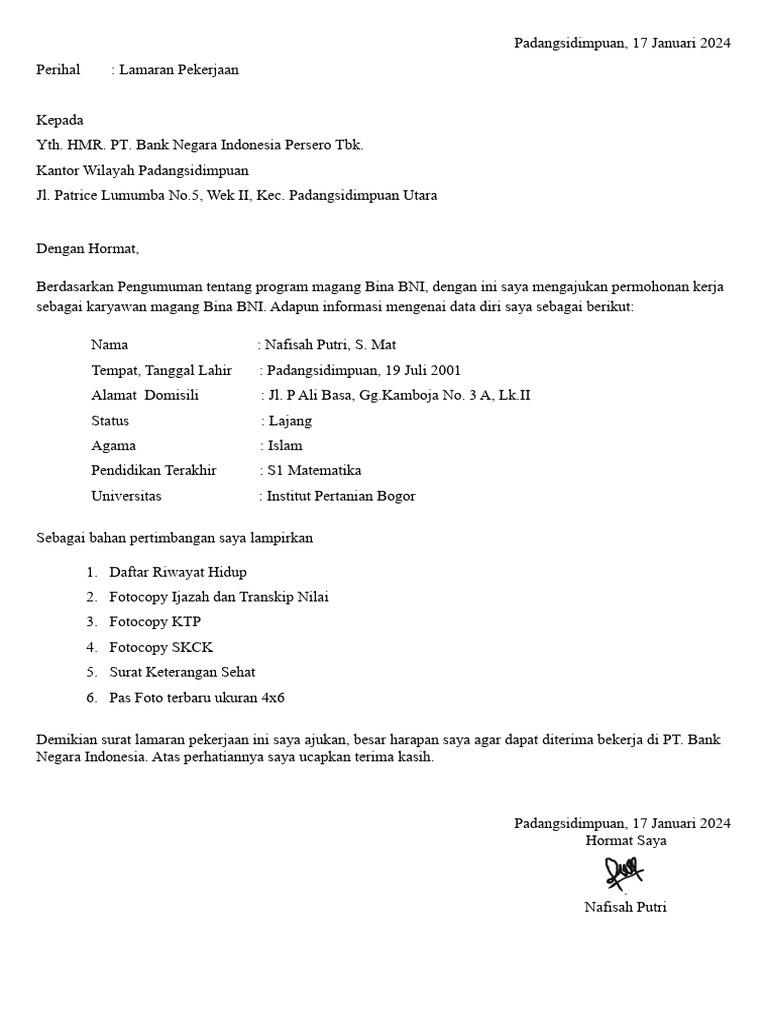 Nafisah Putri - IPB University - Surat Lmaran Kerja | PDF