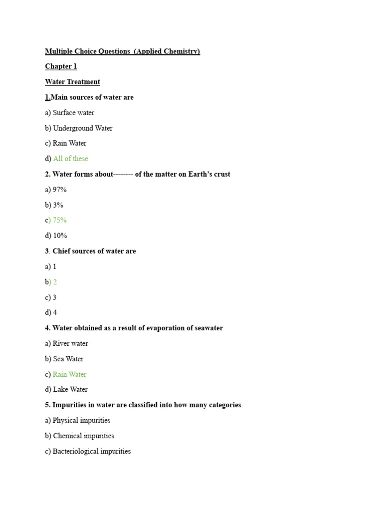 Multiple Choice Questions | PDF | Water Purification | Distillation