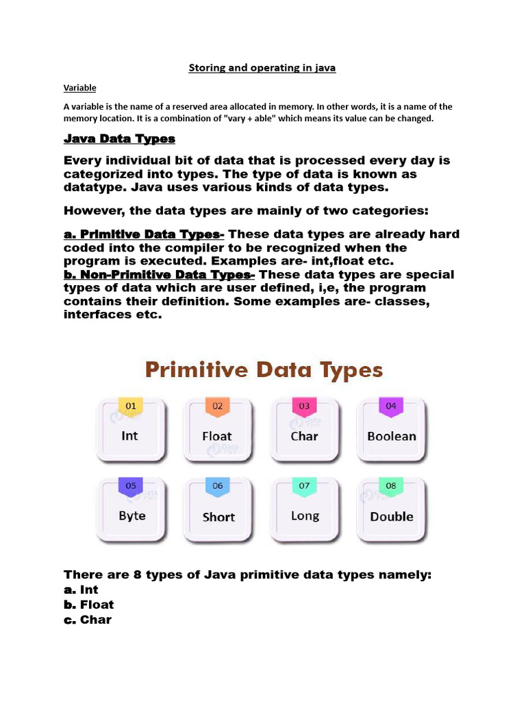 Storing and Operating in Java | PDF | Data Type | Integer (Computer Science)