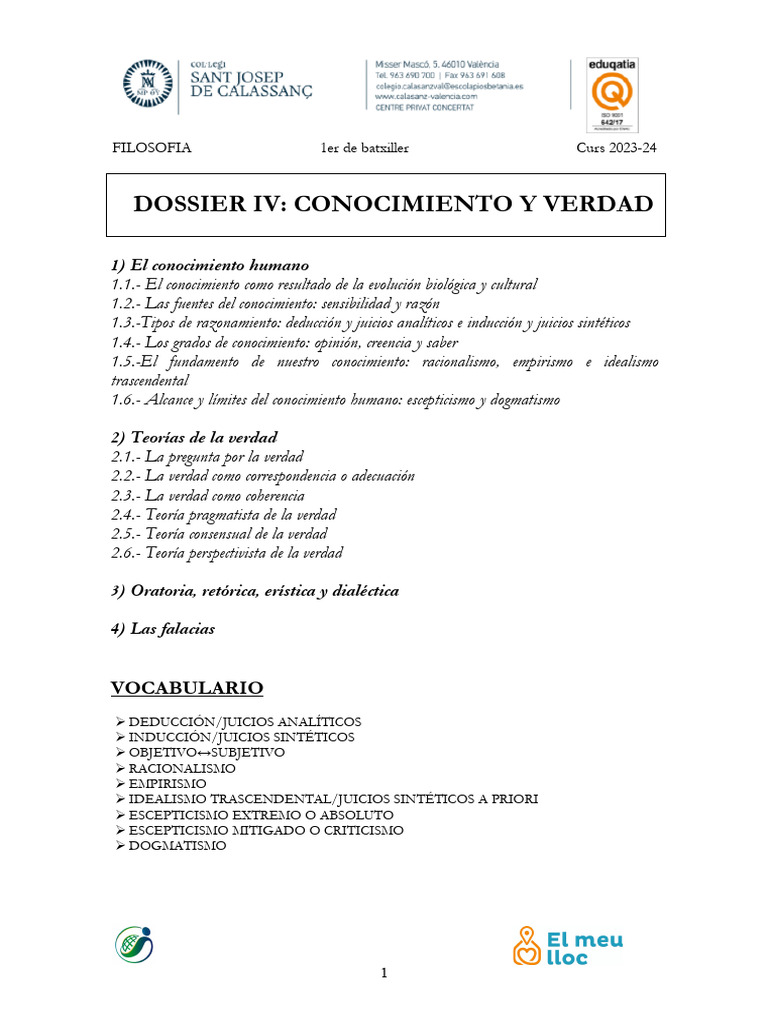 Dossier filosofia teorias de la verdad 1 bach | PDF | Verdad | Conocimiento
