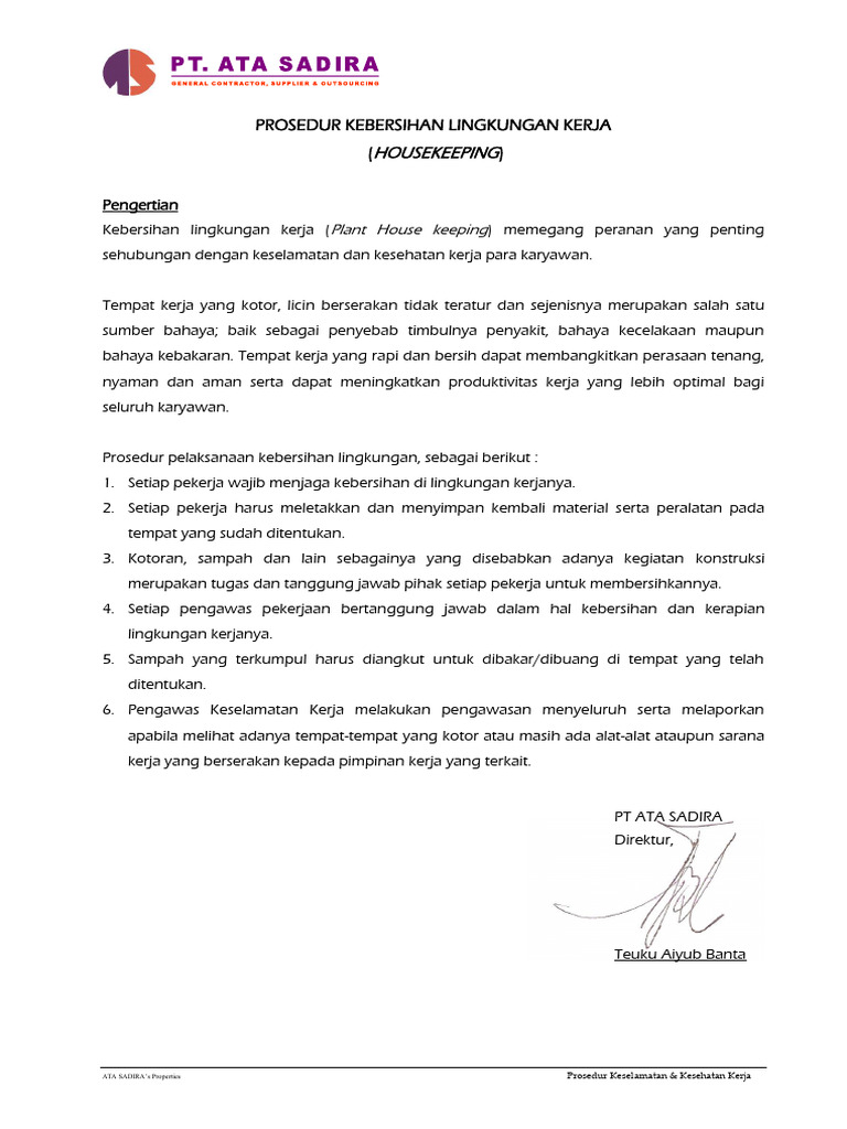 Prosedur Kebersihan di PT Ata Sadira | PDF