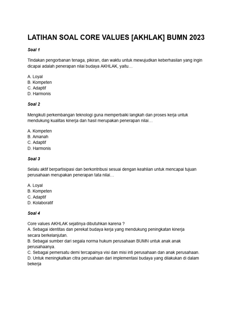 Latihan Soal Core Values (Akhlak) Bumn 2023 | PDF