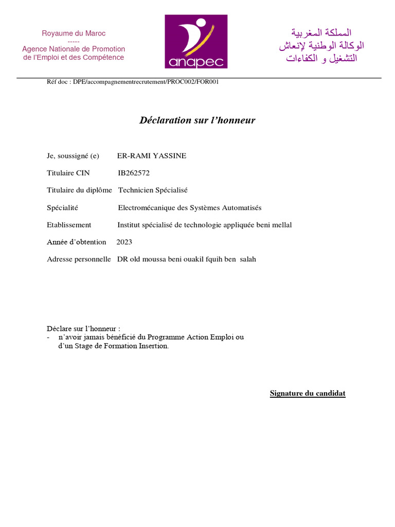 Declaration Sur Honneur | PDF