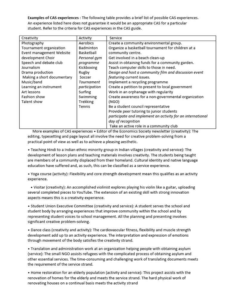 Examples of CAS Experiences | PDF | Creativity | Flexibility (Anatomy)