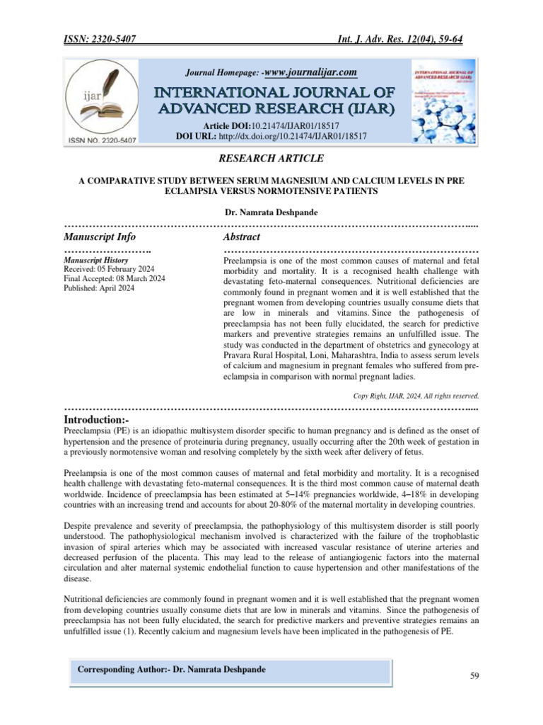 A Comparative Study Between Serum Magnesium and Calcium Levels in Pre Eclampsia Versus ...