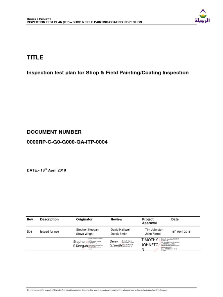 ITP for Shop & Field Coating Inspection | PDF | Specification ...