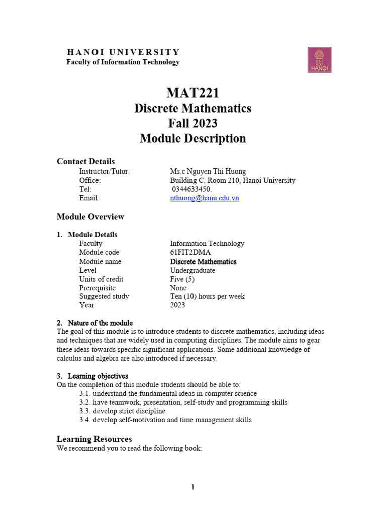 Module Description DMP221 Fall2021 | PDF | Discrete Mathematics | Mathematics