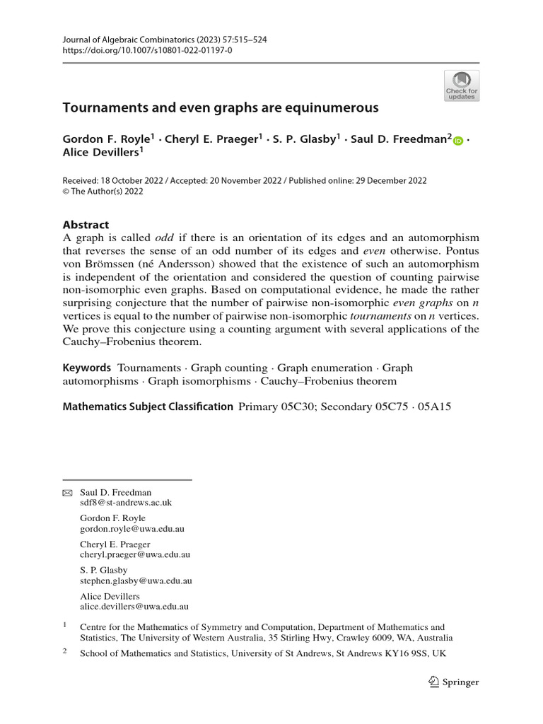 Tournaments and Even Graphs Are Equinumerous | Download Free PDF | Vertex (Graph Theory ...