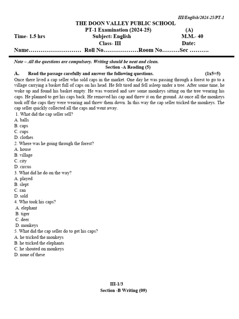 Class 3 English Set A pt1 | PDF