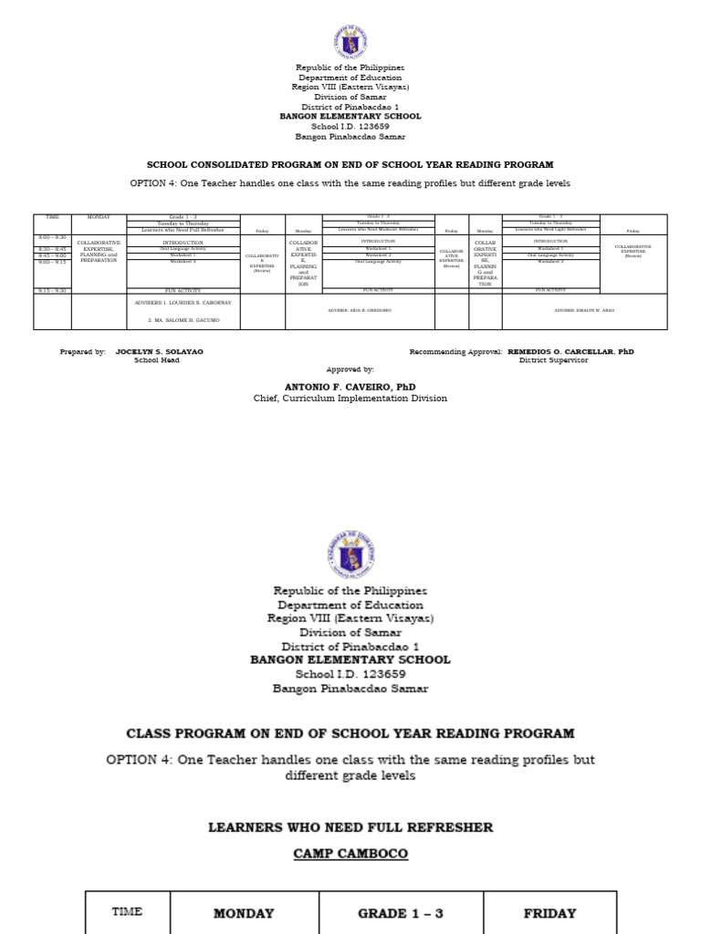 School Consolidated Program On End of School Year Reading | PDF