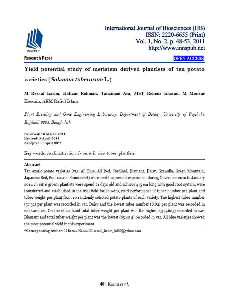 Yield Potential Study of Meristem Derived Plantlets of Ten Potato ...