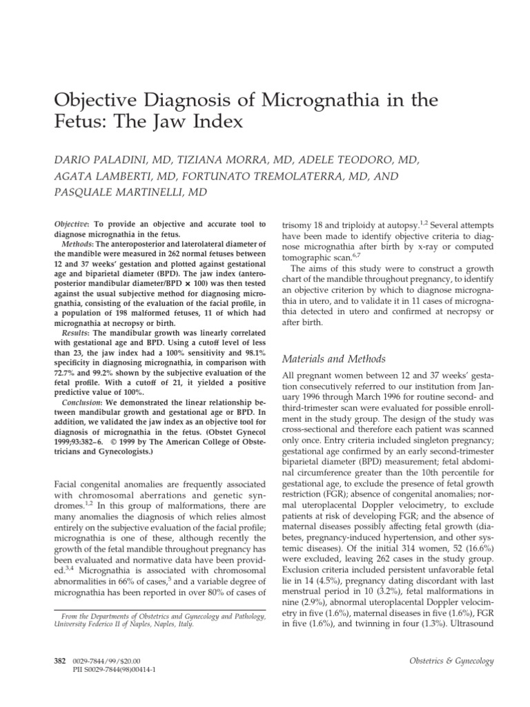 Objective Diagnosis of Micrognathia in The Fetus: The Jaw Index | PDF ...