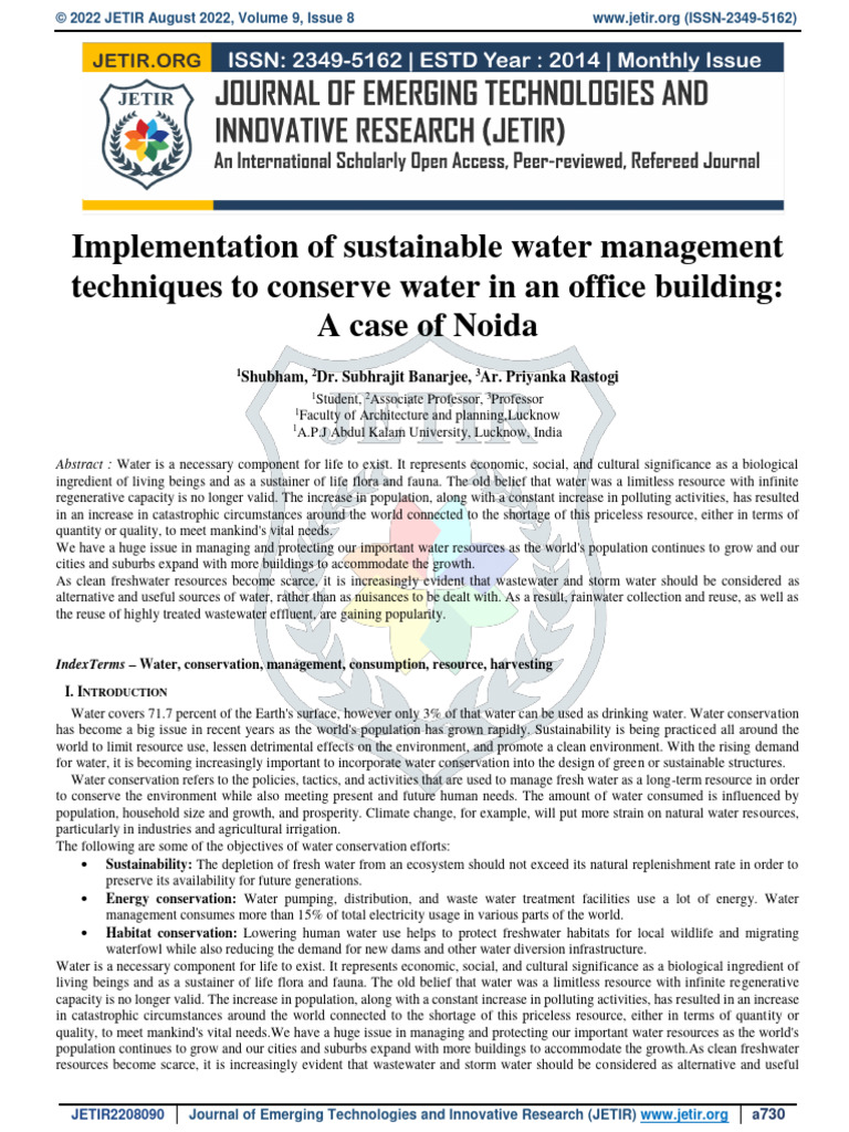 implementation of sustainable water management technique to conserve ...