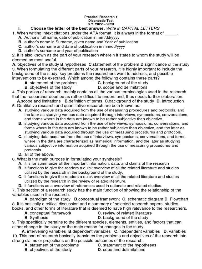 Diagnostic Test Practical Research 1 | PDF | Quantitative Research ...