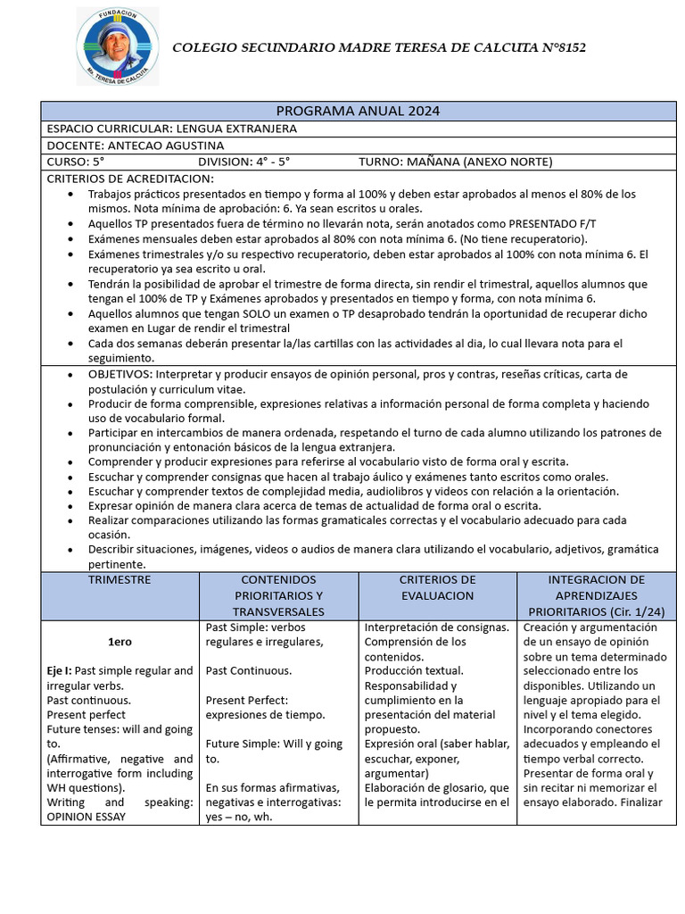 PROGRAMA ANUAL 2024 Lengua Extranjera 5to 4ta 3ra | PDF | Léxico | Gramática