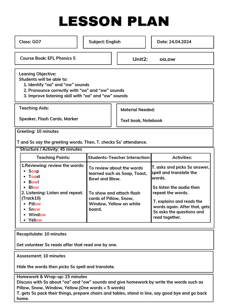 EFL Phonics 5, Lesson Plan On 24 04 2024, Socheat Vichea 1 | PDF