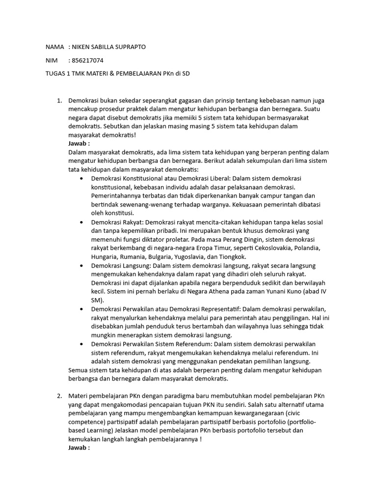 Tugas TMK 1 Materi Dan Pembelajaran PKN Di SD | PDF