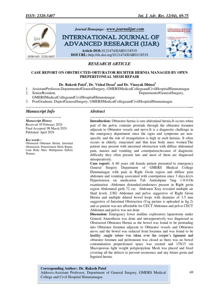 Obturator Hernia: Case Report & Repair | PDF | Diseases And Disorders ...