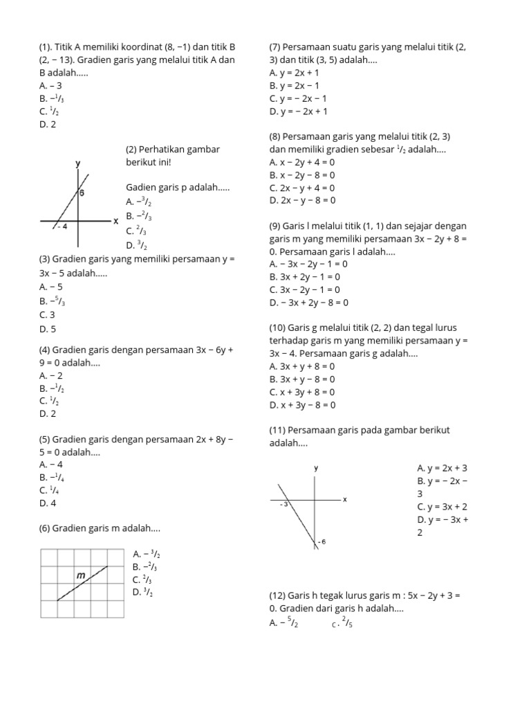 Soal Gradien dan Persamaan Garis Kelas 8 | PDF