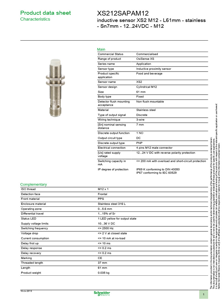 Data Sheet Inductive Sensor Ø12 - Schneider - XS212SAPAM12 | PDF ...
