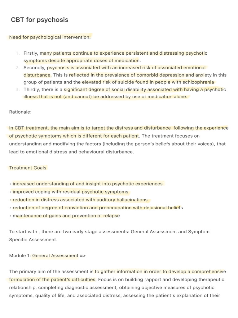 CBT For Psychosis Notes | PDF | Psychosis | Cognitive Behavioral Therapy