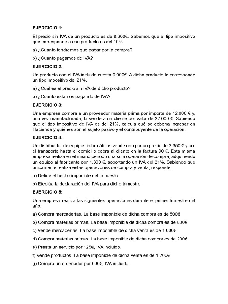 Ejercicios de Iva | PDF | Impuesto al valor agregado | Mercado (economía)