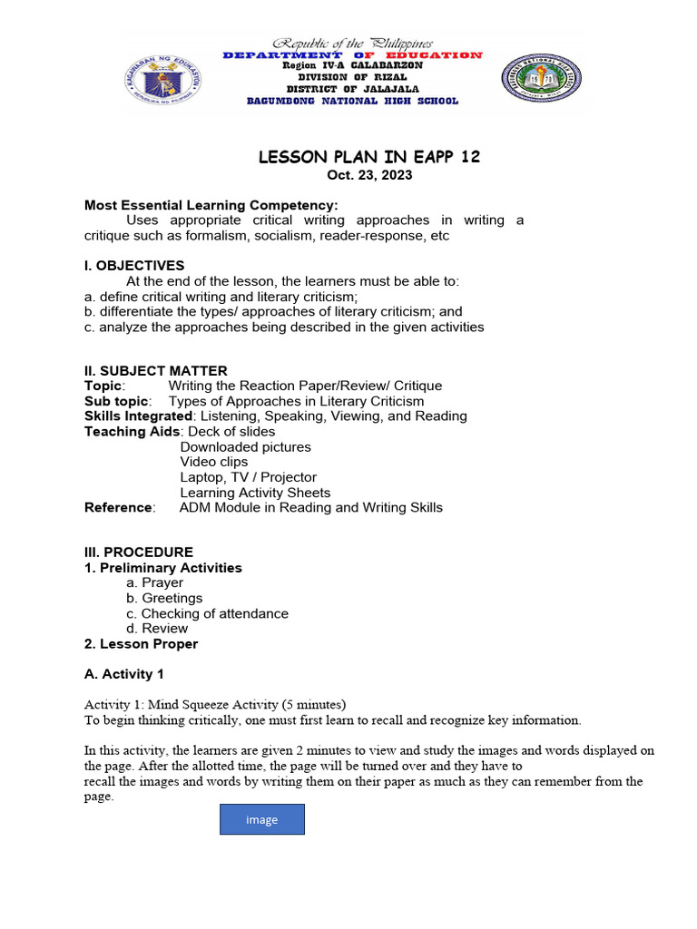Observation Lesson Plan in EAPP | Download Free PDF | Lesson Plan | Learning