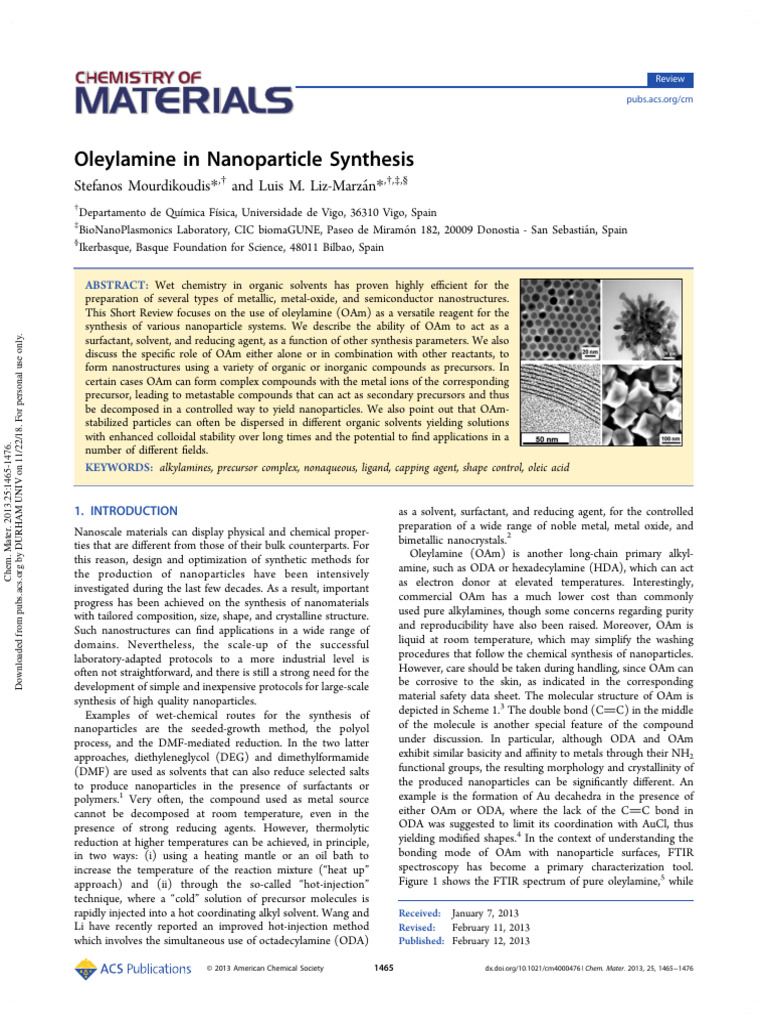 Oleylamine's Role in Nanoparticle Synthesis | PDF | Nanoparticle | Iron