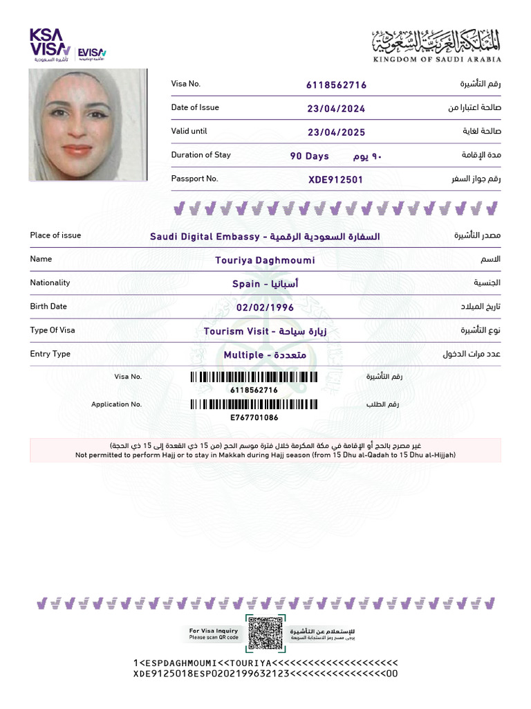 Saudi Visa Details for Touriya Daghmoumi | PDF