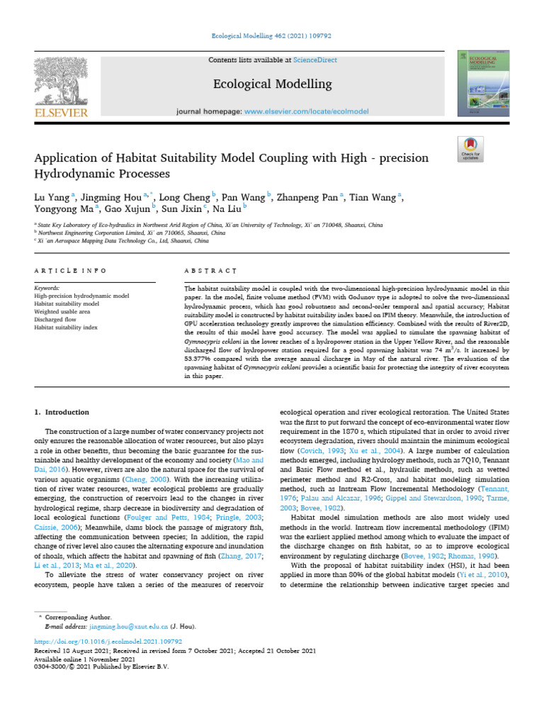 Application of Habitat Suitability Model Coupling With High Precision Hydrodynamic Processes ...