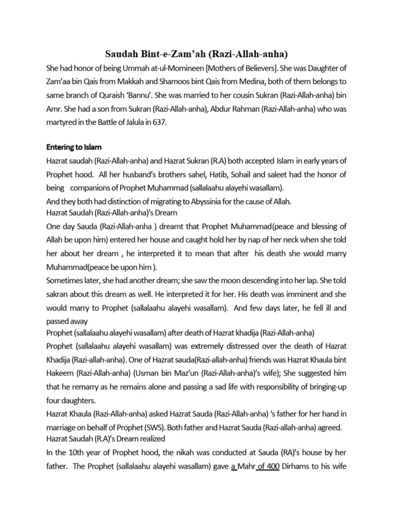 Hadhrat Saudah Bint Zamah | PDF | Muhammad | Abrahamic Religions