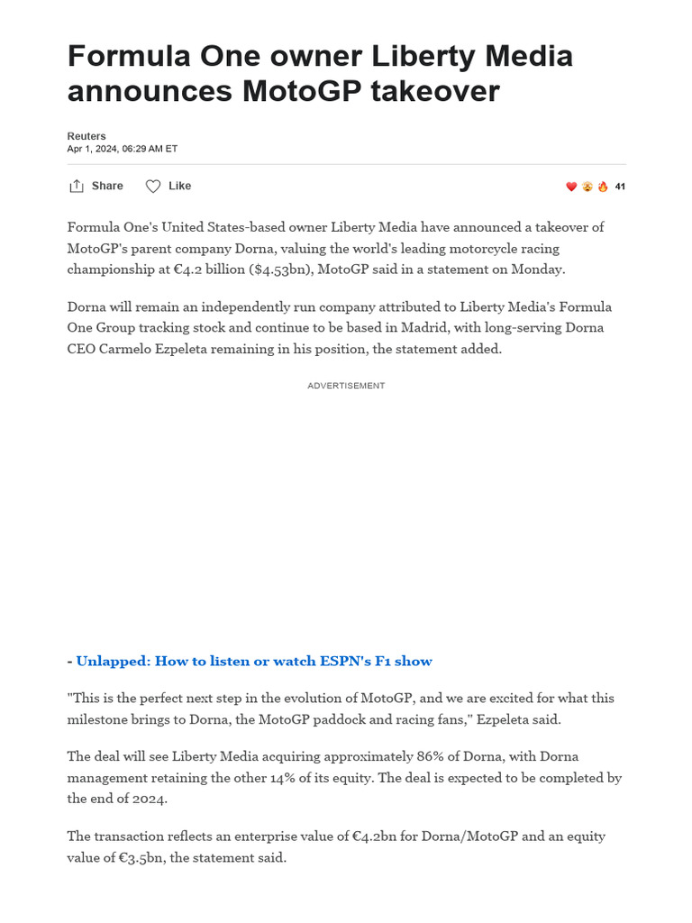 Formula One Owner Liberty Media Announces Moto GP Takeover | PDF