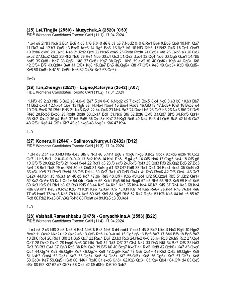 2024 FIDE Women's Candidates PGN | PDF | Chess | Chess Theory