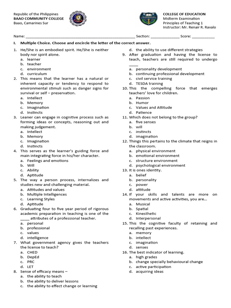Exam - Principles of Teaching 1 Unit 1 c1-3 | PDF | Learning | Teachers