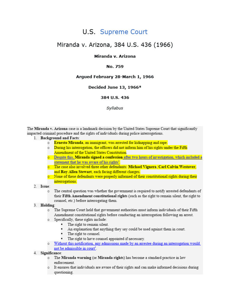 Miranda vs. Arizona, 384 US 436 (1966) | PDF | Miranda V. Arizona ...