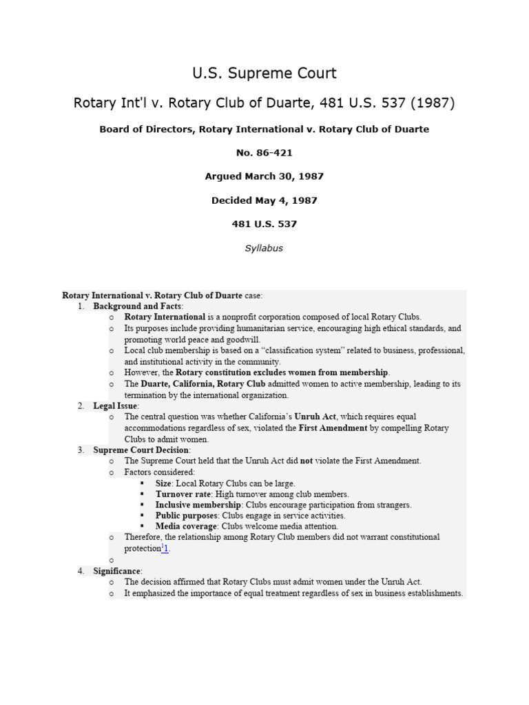 Rotary Int'l v. Rotary Club, 481 U.S. 537 (1987) | PDF | First ...