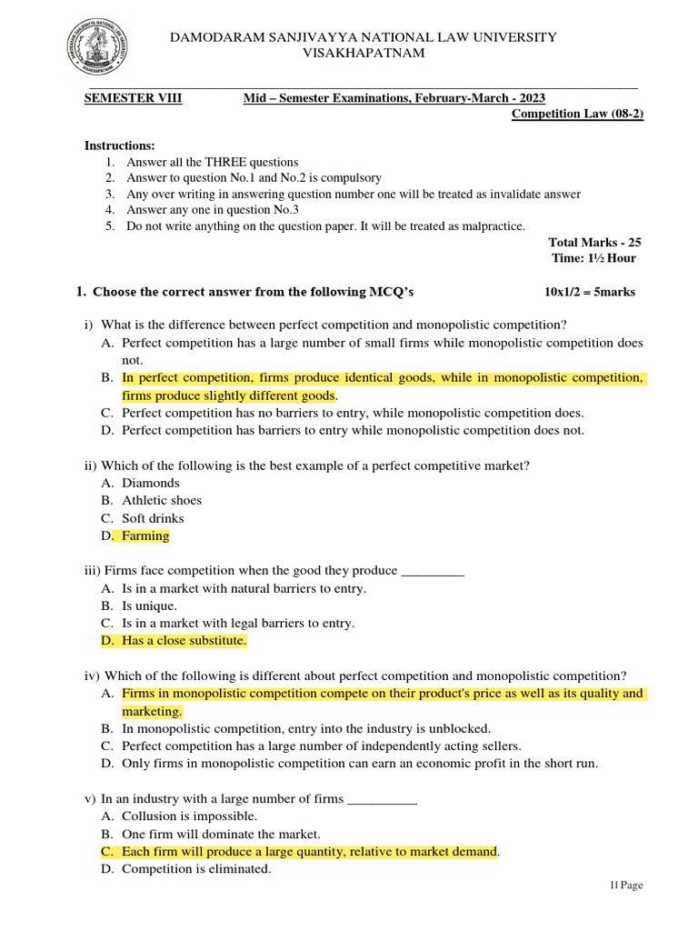 Competition Law Exam Paper 2023 | PDF | Perfect Competition | Monopoly