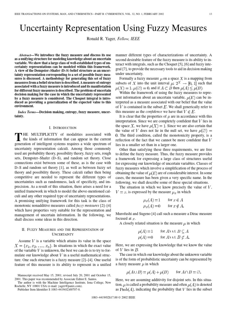 Uncertainty Representation Using Fuzzy Measures: Ronald R. Yager, Fellow, IEEE | PDF | Fuzzy ...