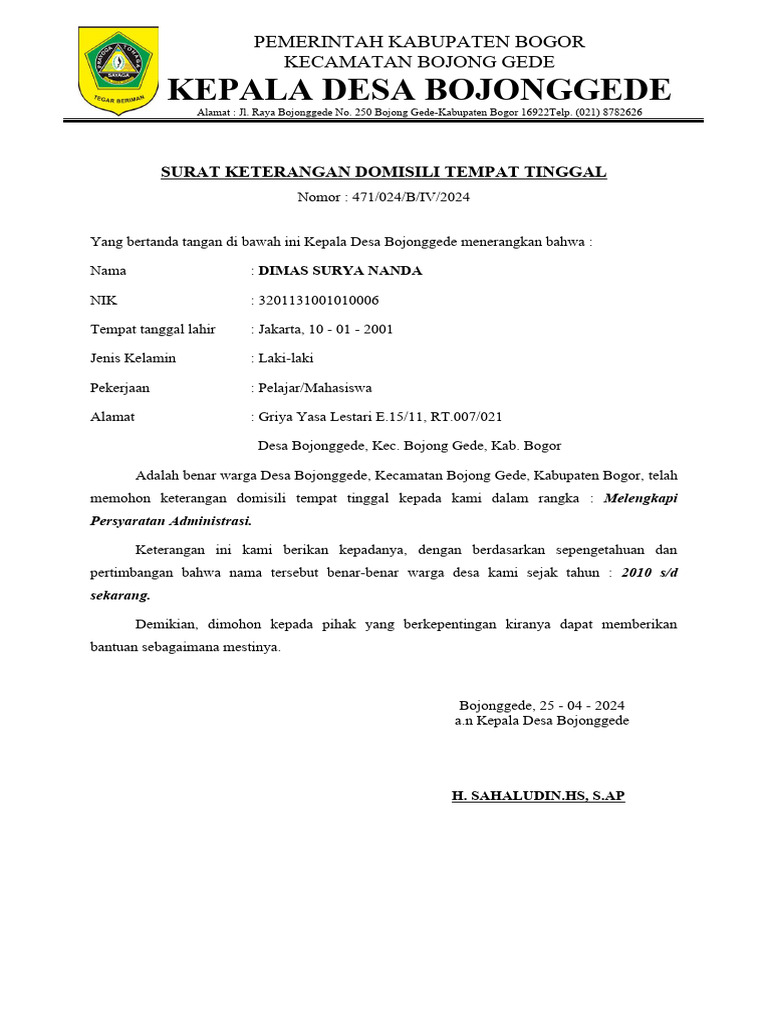 Surat Keterangan Domisili Bojonggede | PDF