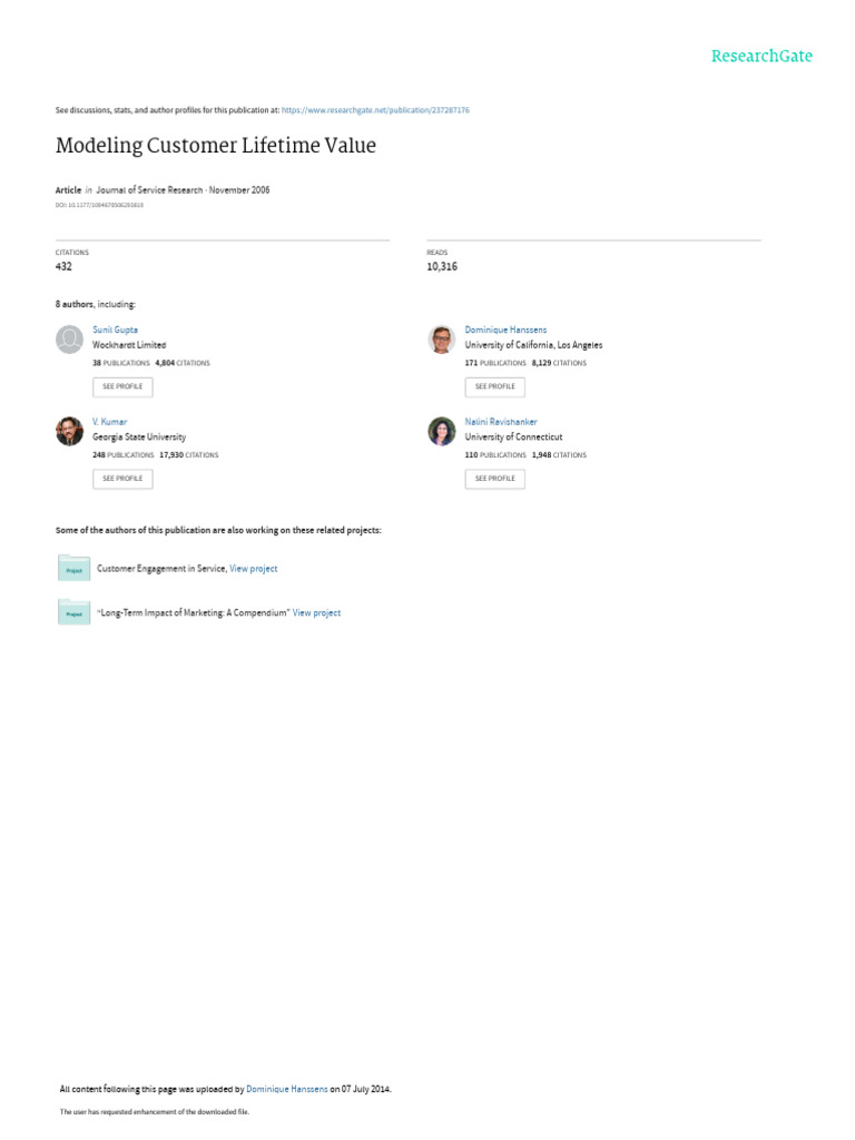 Modeling Customer Lifetime Value Pdf Marketing Business