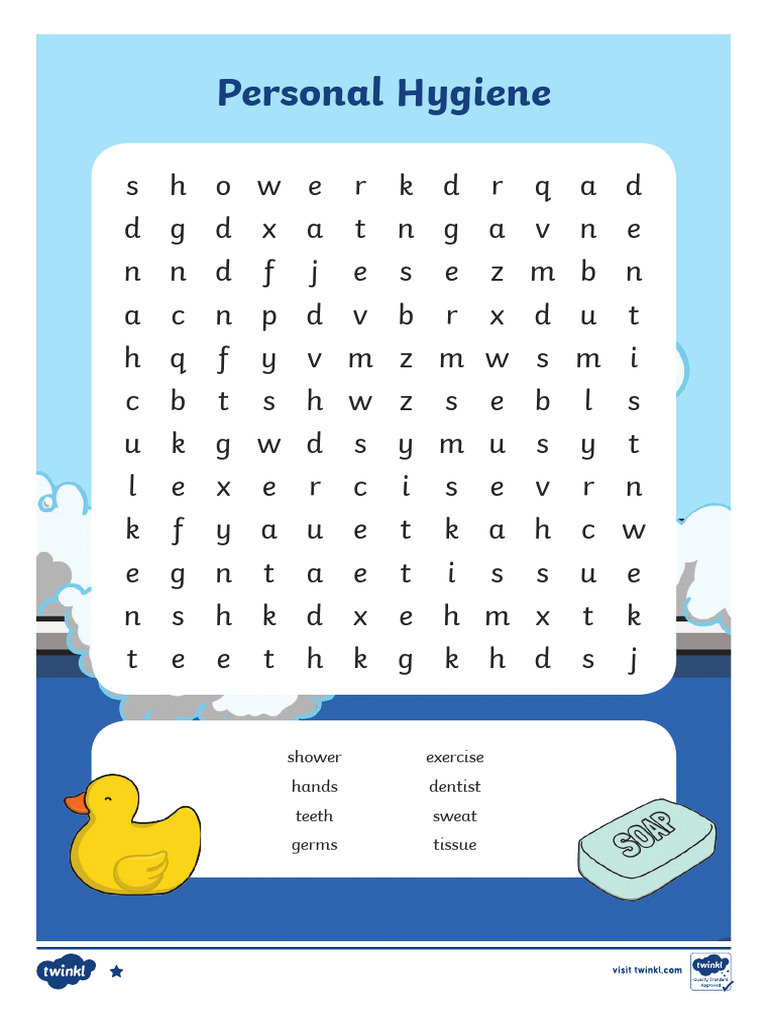 1st Level Personal Hygiene Word Search English | PDF | Hygiene ...